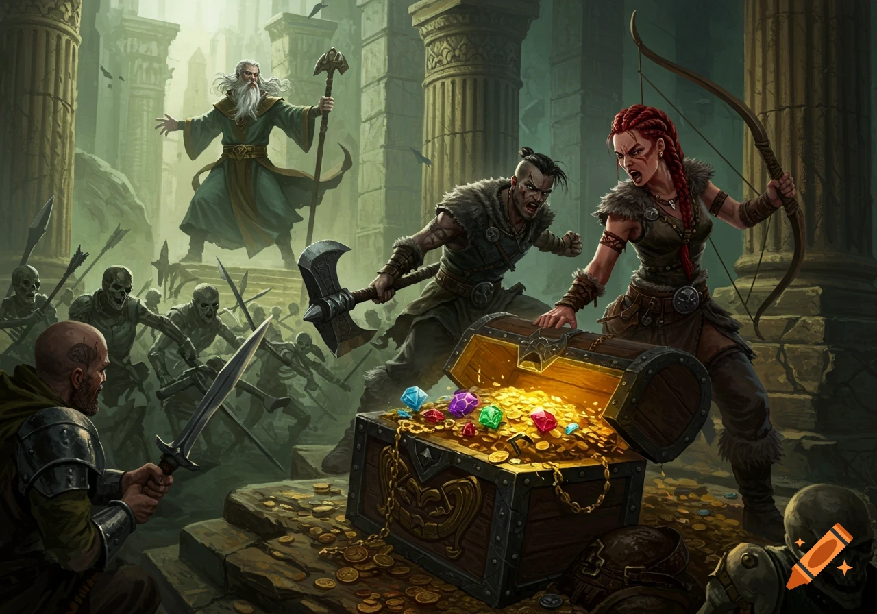 Fantasy scene with barbarian, archer, and wizard fighting skeletons over a treasure chest. on ...