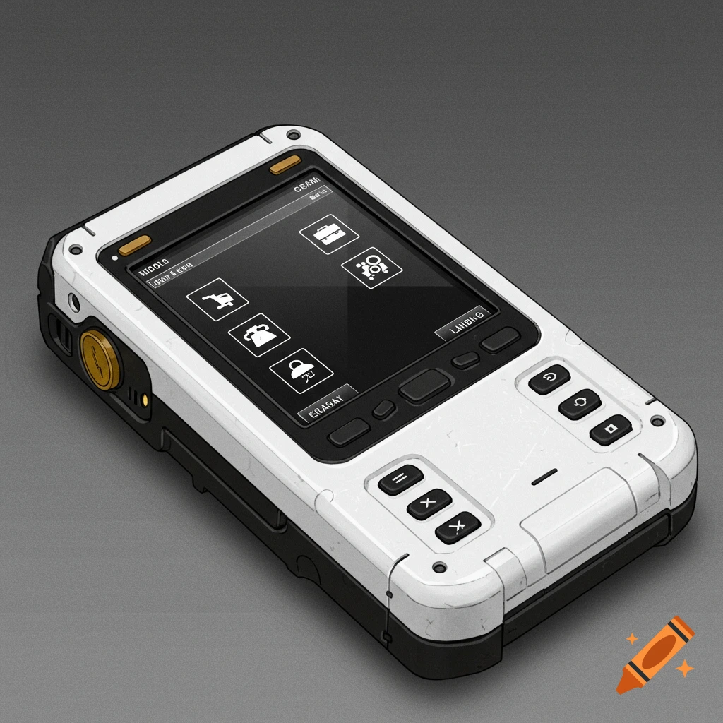 A white and black rugged military PDA device with a screen showing ...