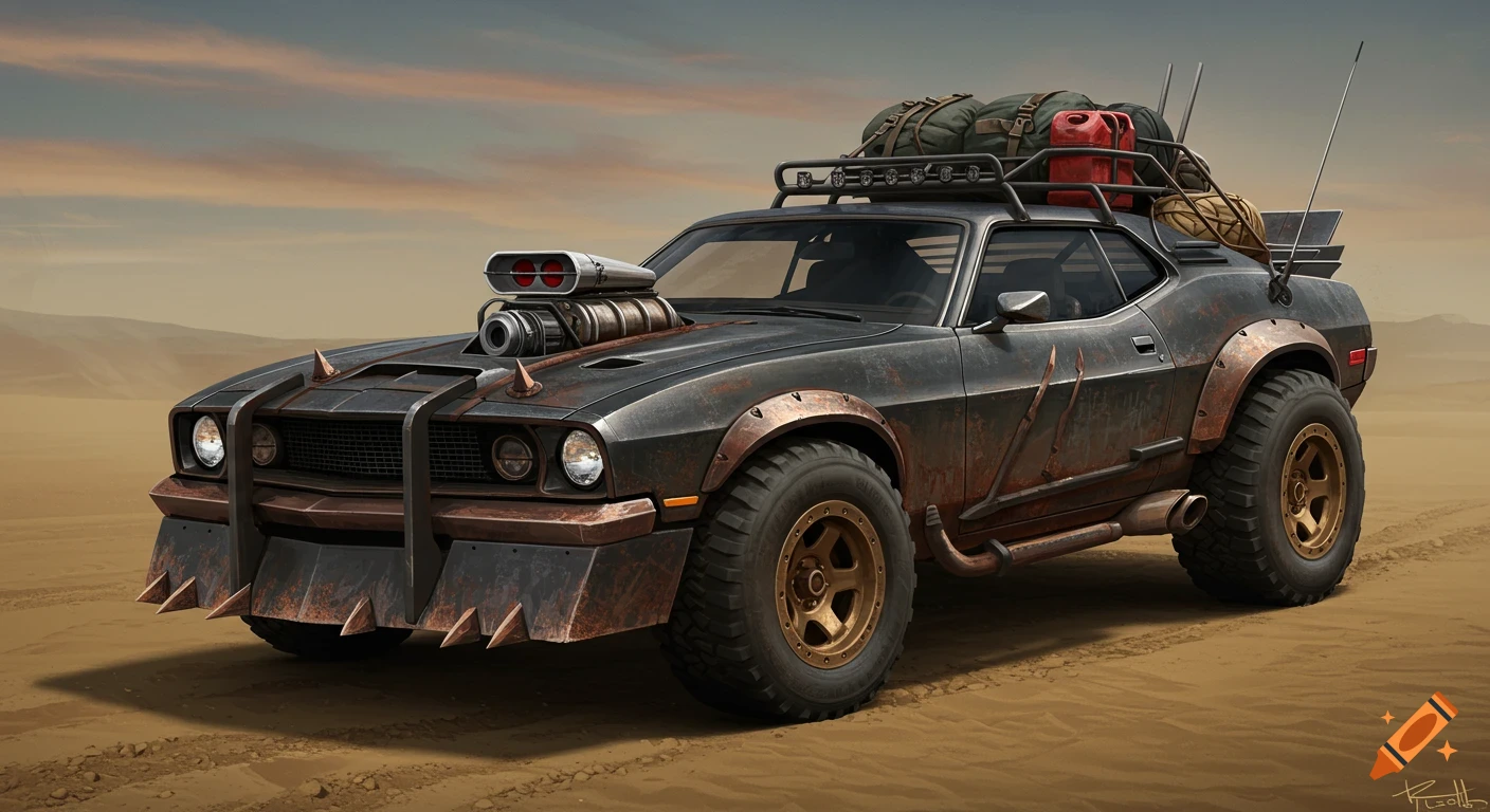 A brutal, rusted post-apocalyptic muscle car with spiked armor and ...
