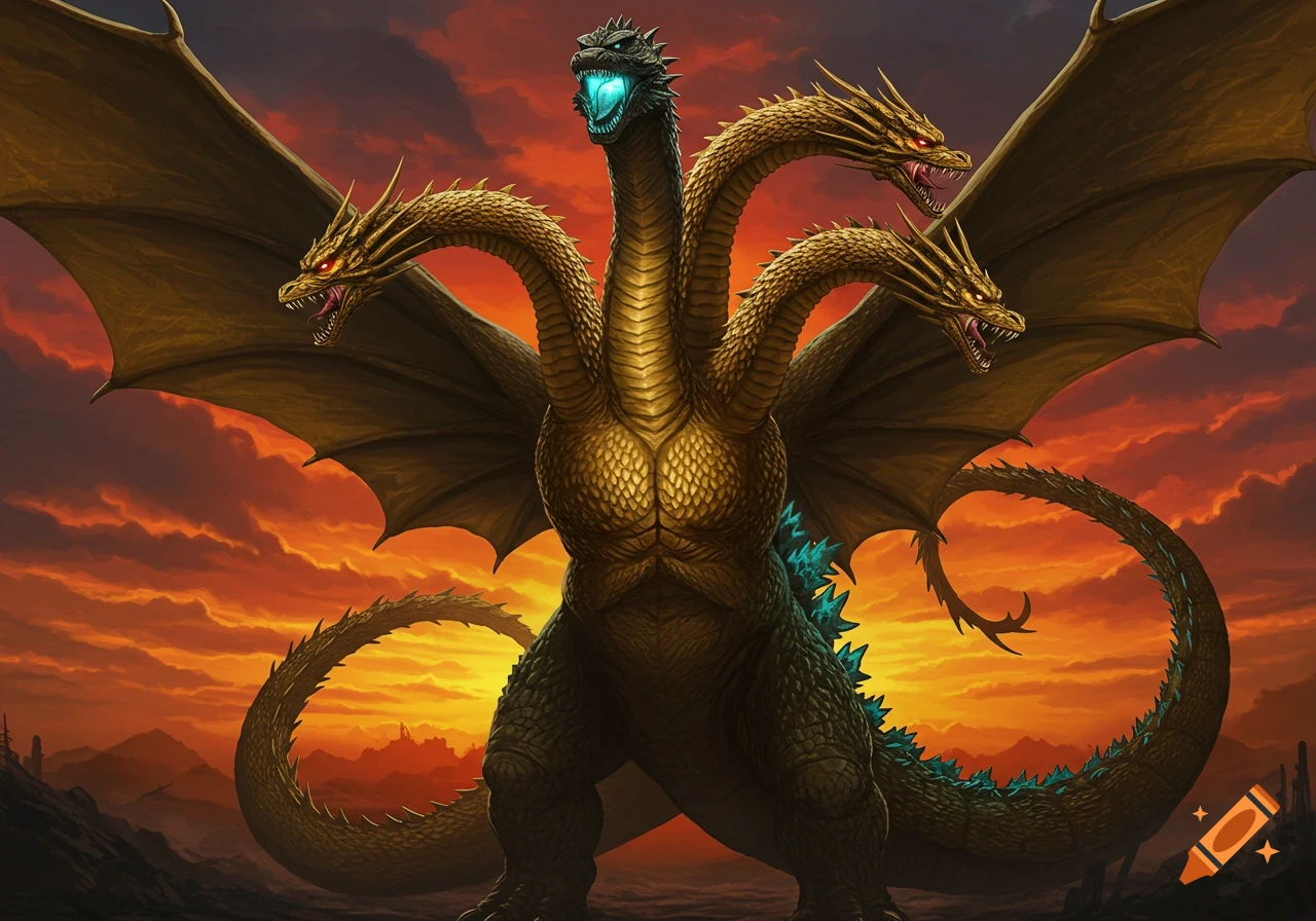 Three-headed dragon-like monster with wings stands against a fiery sky ...