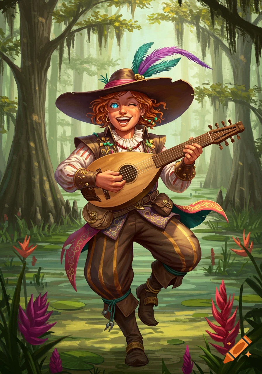 A happy fantasy bard character plays a lute in a swamp. on Craiyon