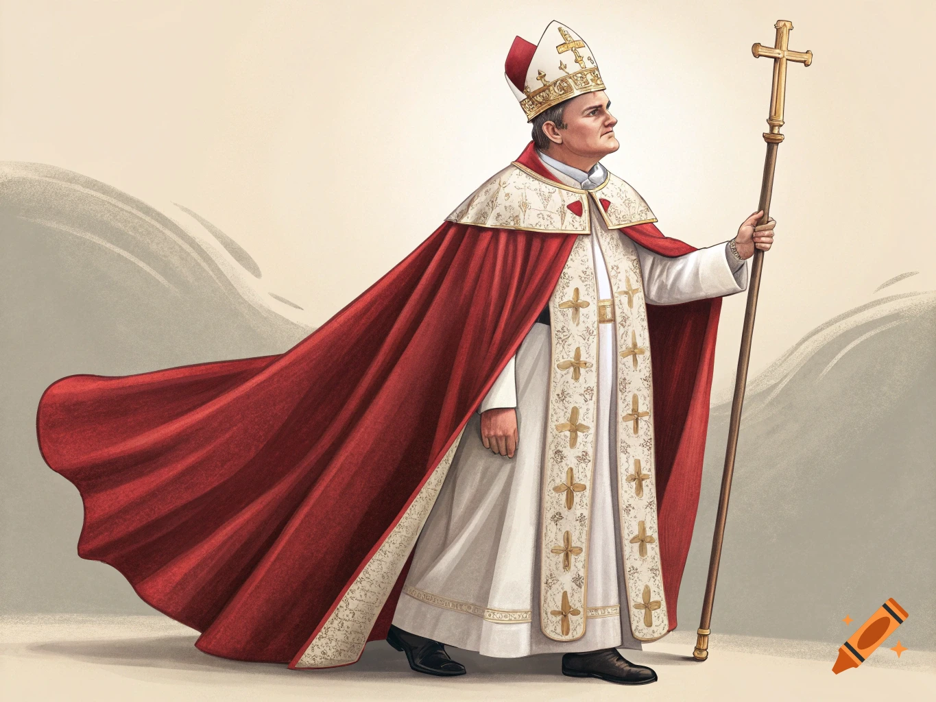 Illustration of a man dressed as a Pope holding a staff with a cross ...