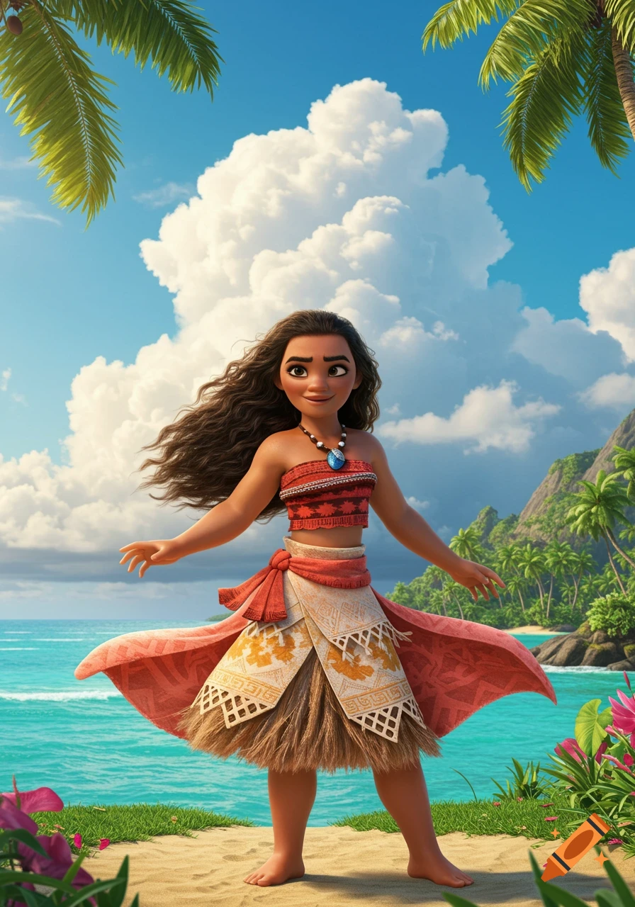 Moana stands on a tropical beach, smiling with her arms slightly out ...