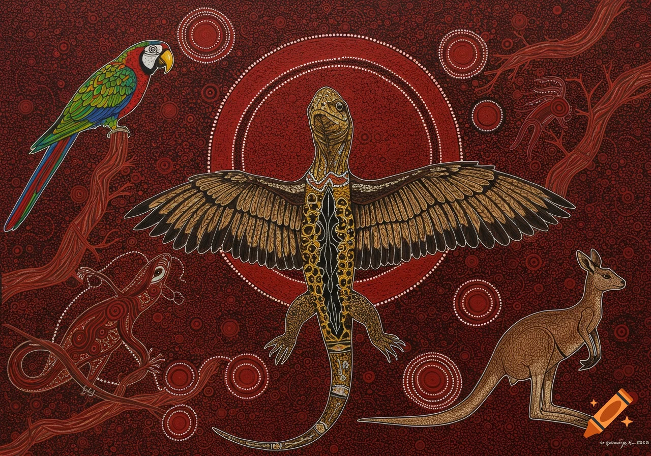 Indigenous Australian art of a goanna, parrot, kangaroo, and lizard with intricate dot patterns ...