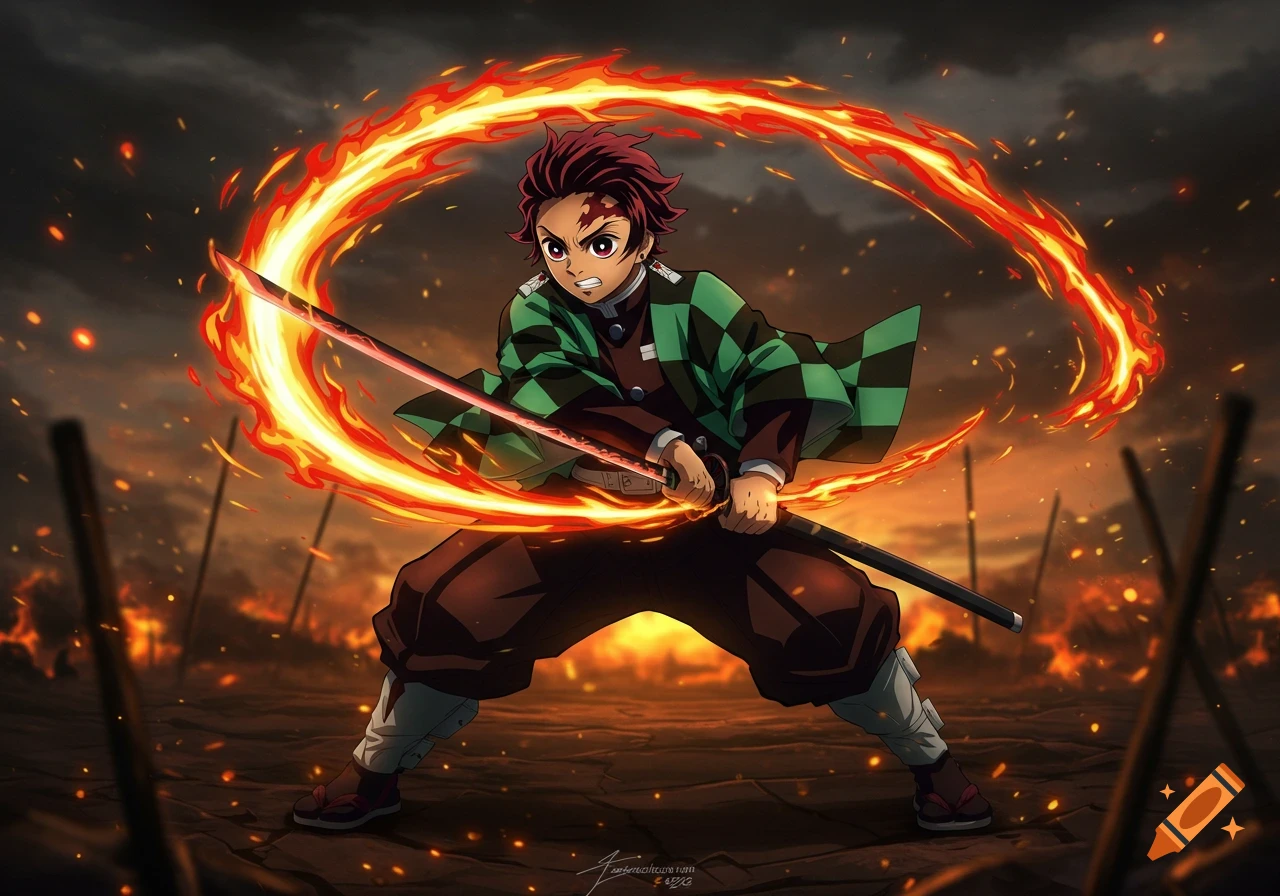 Tanjiro Kamado from Demon Slayer in an anime style, performing Sun ...