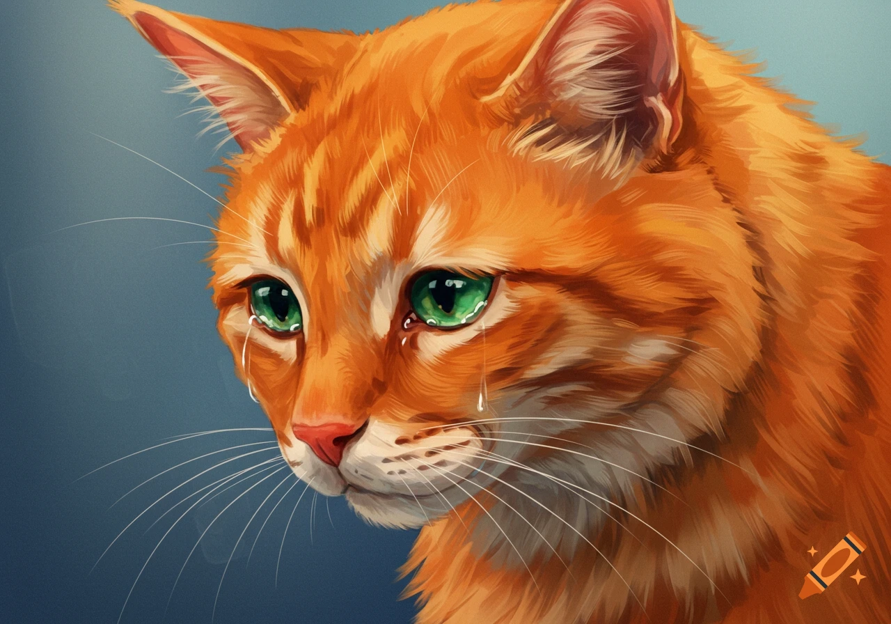 Close-up digital painting of a ginger cat with green eyes crying. on ...