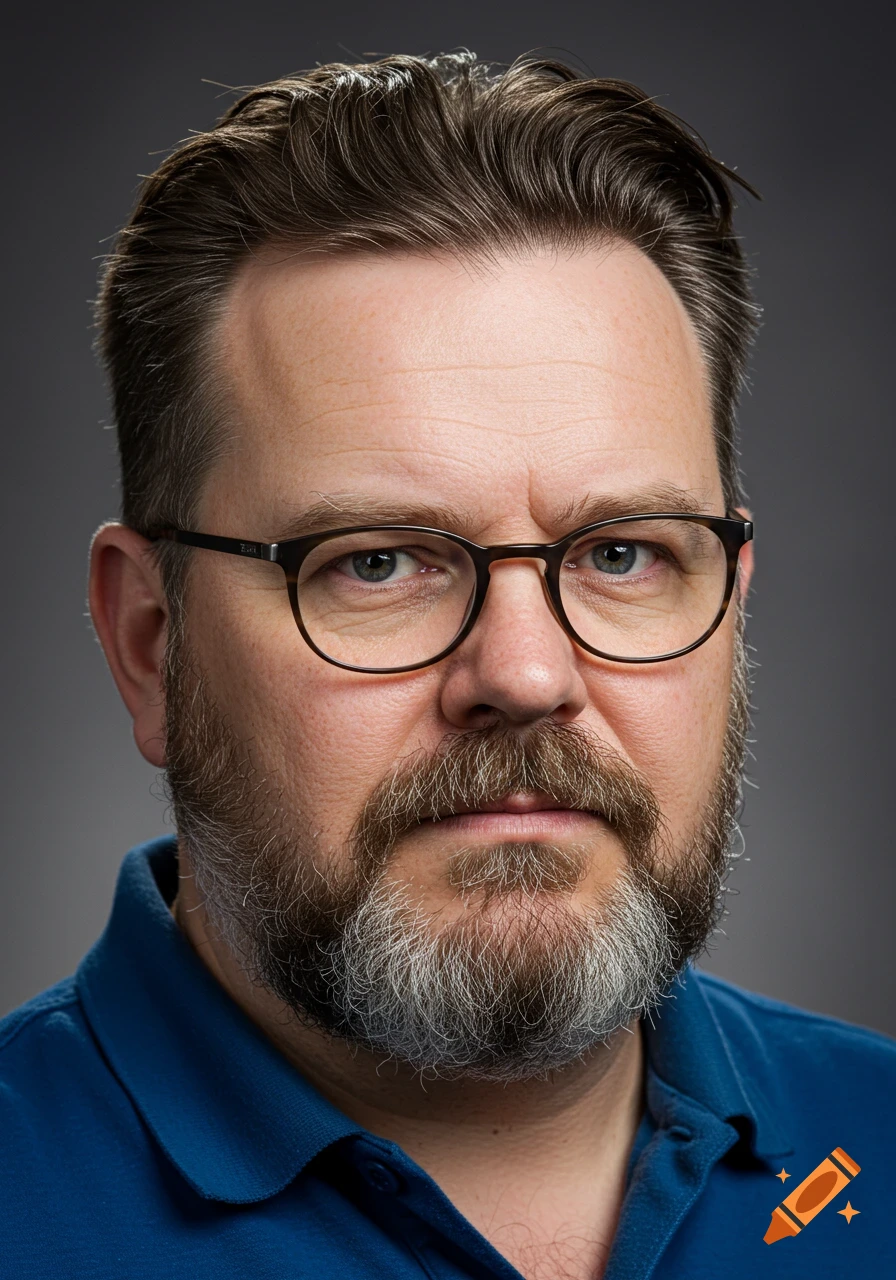 Close-up photorealistic portrait of a man with glasses and a graying ...