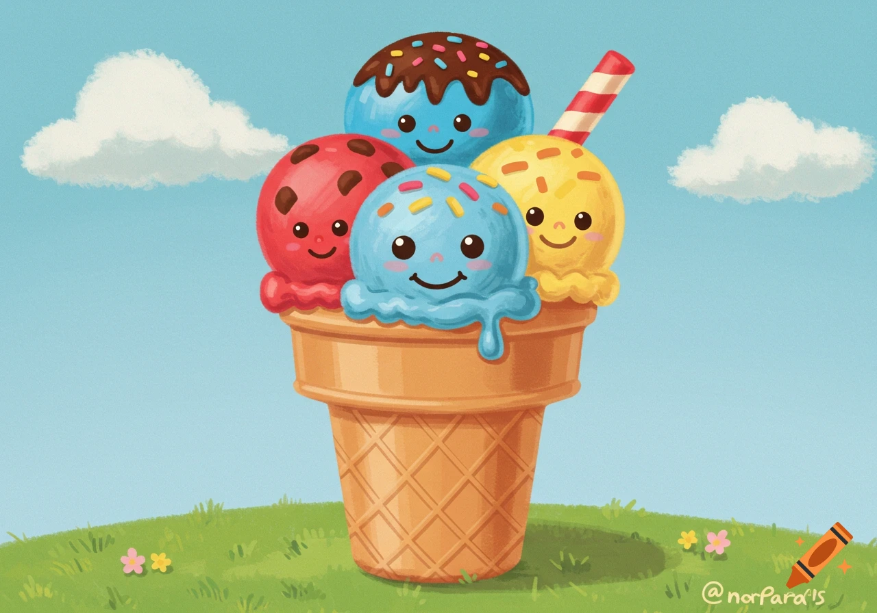 Cute illustration of four smiling ice cream scoops in a cone outside ...