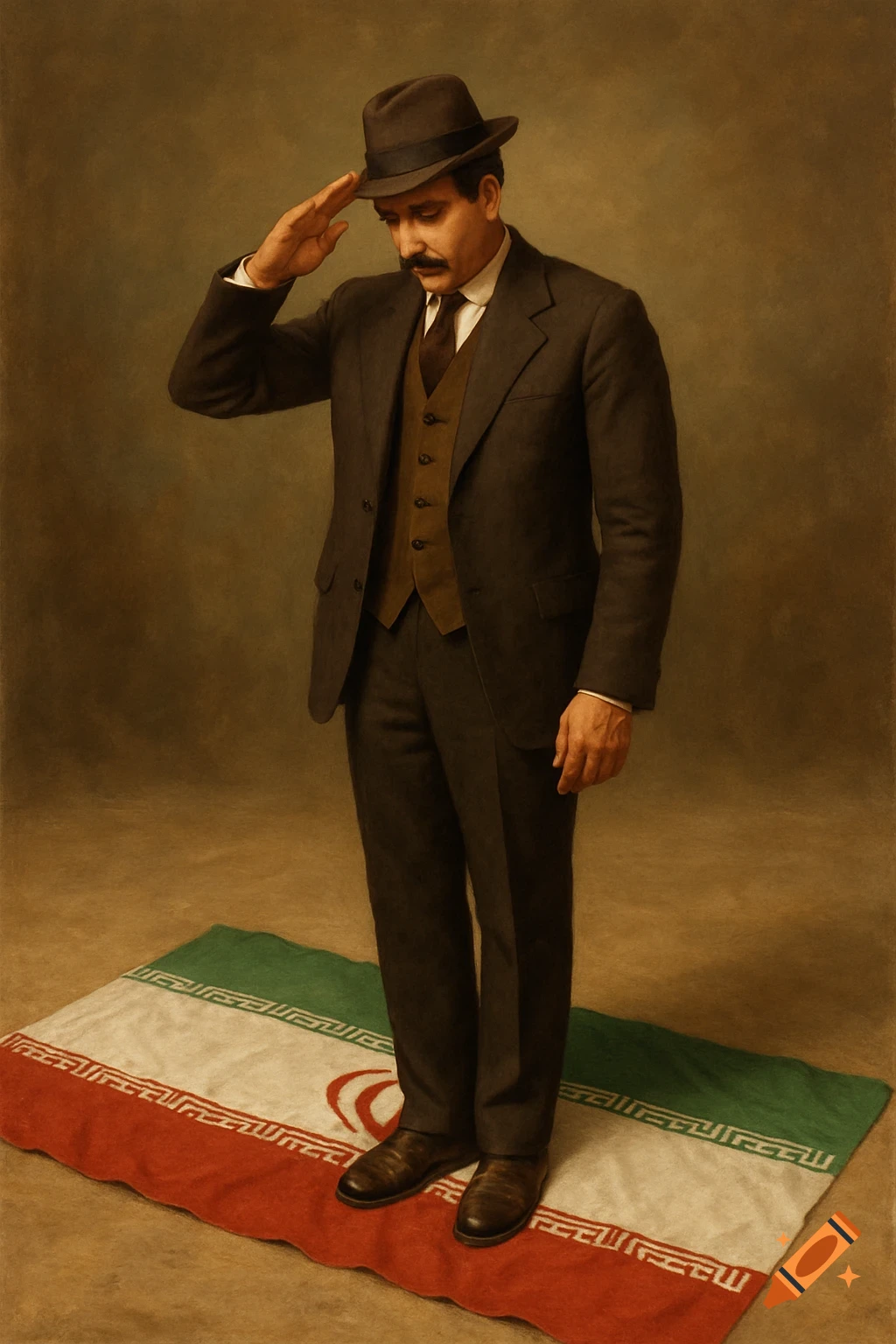 Man in suit and hat saluting while standing on Iranian flag, painted ...