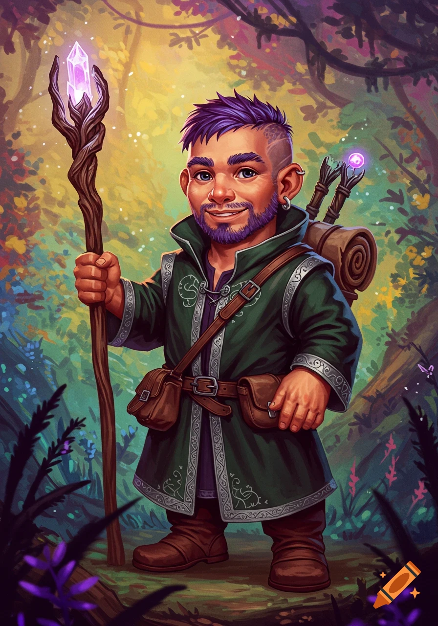 A fantasy illustration of a halfling wizard holding a staff in a forest ...