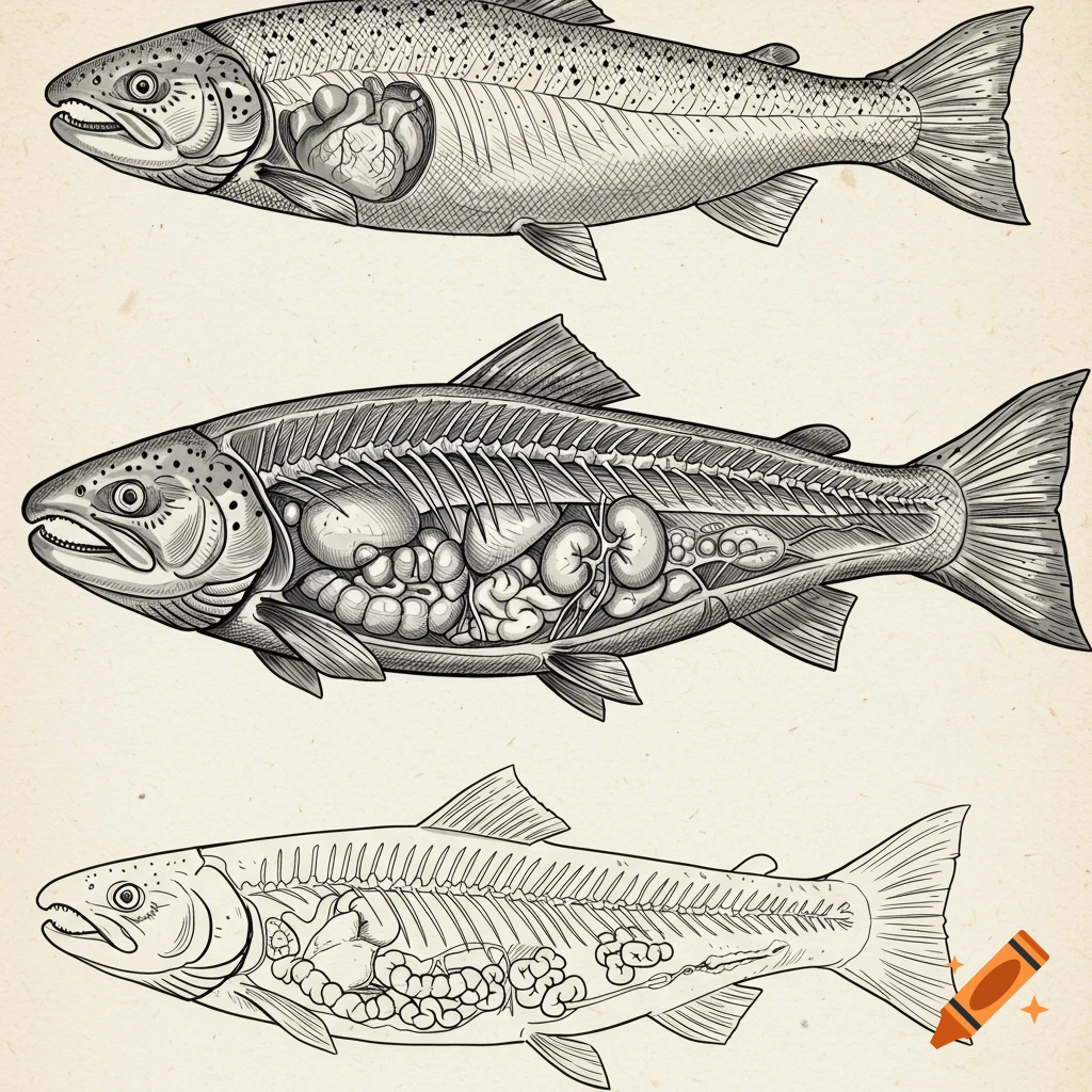 Three sketch illustrations showing the internal anatomy of a fish. on ...