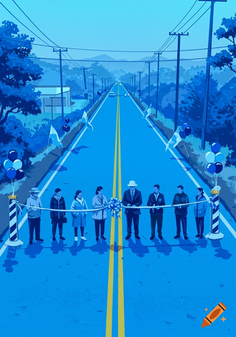 Stylized blue illustration of a road reopening ceremony with people ...