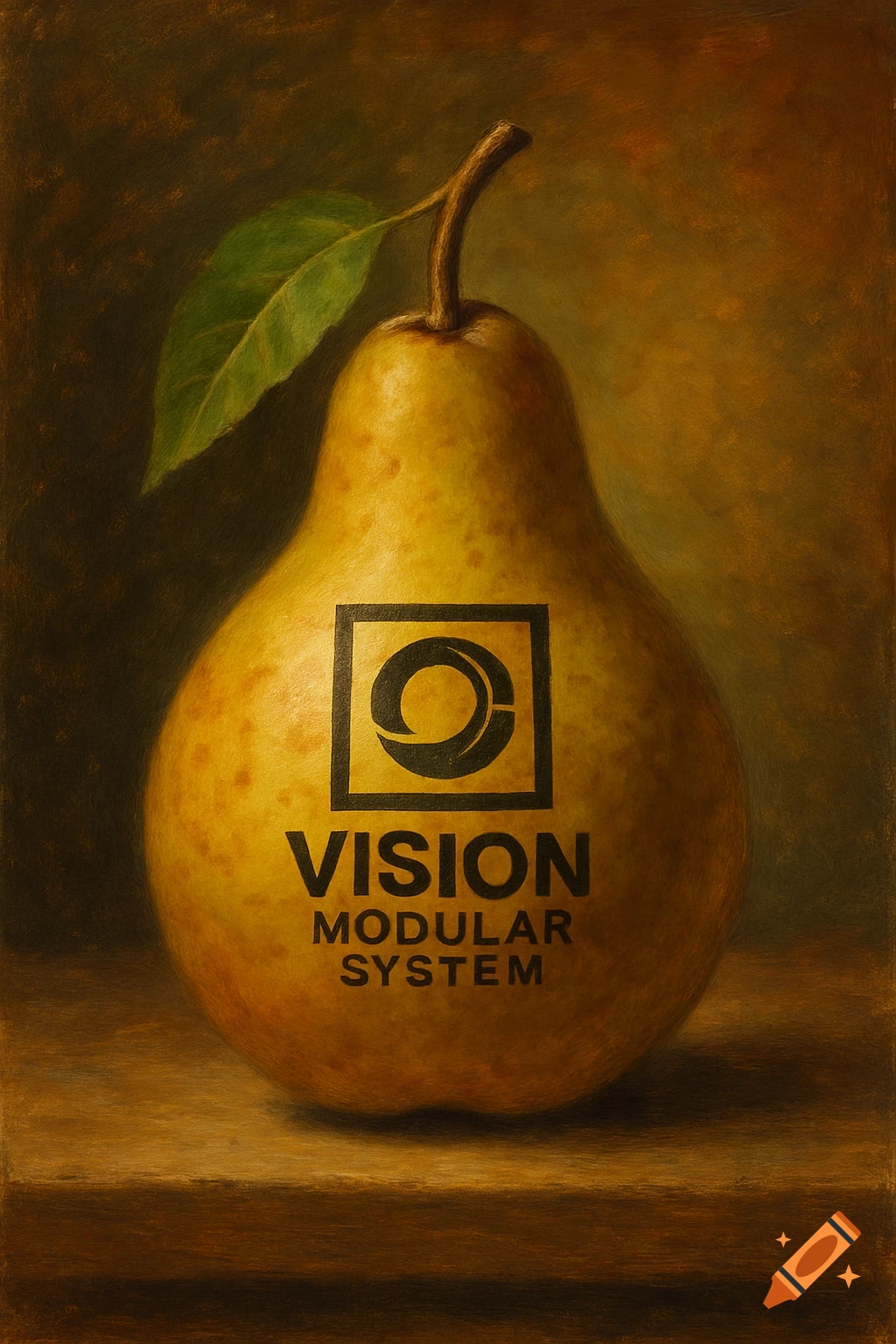 Still life painting of a yellow pear with a logo and the text VISION ...