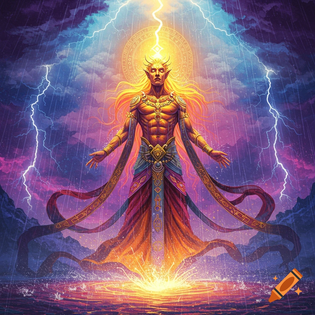 A powerful, glowing figure like a god stands in a storm with lightning ...