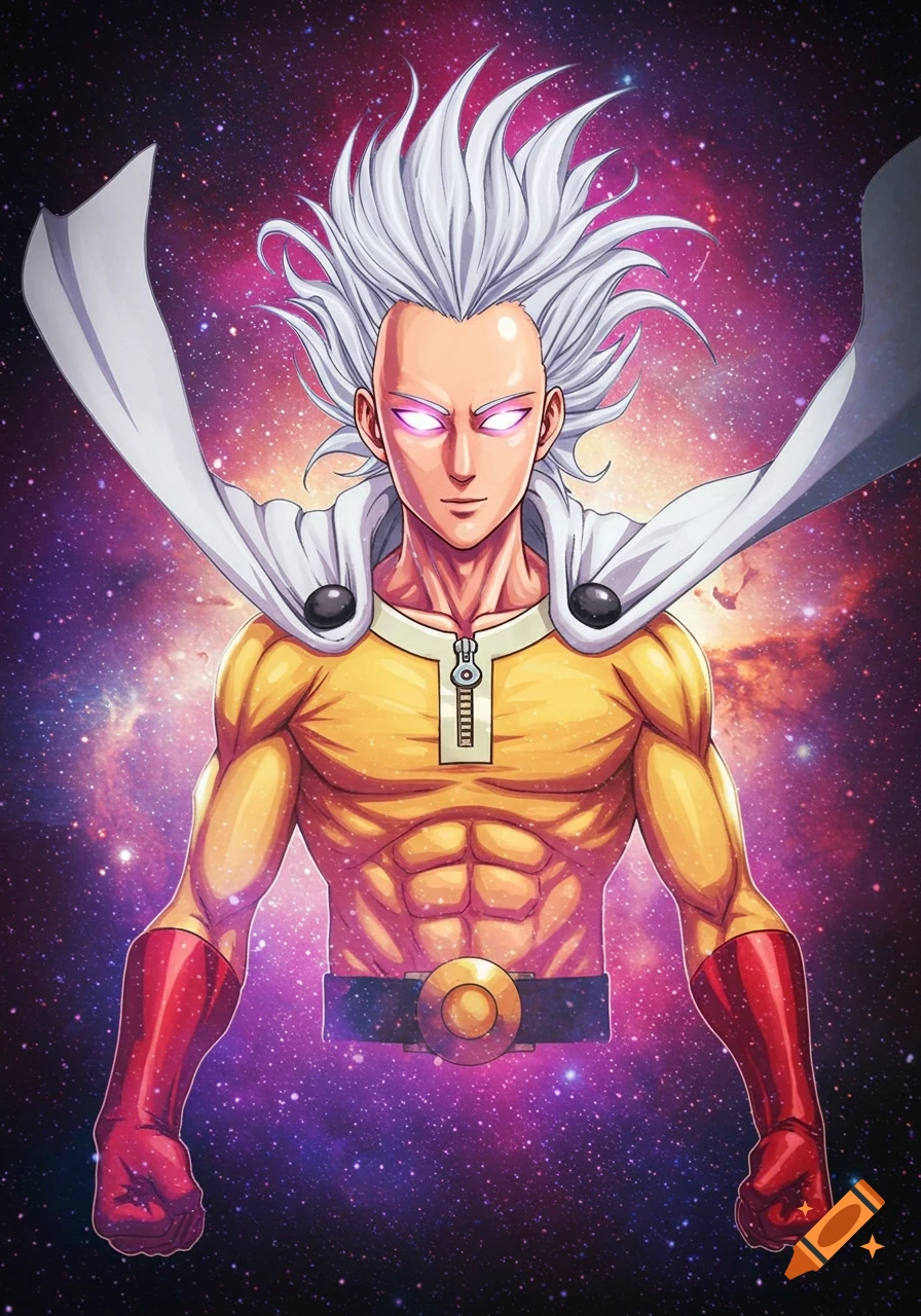 An anime illustration of Saitama from One Punch Man with white hair and ...