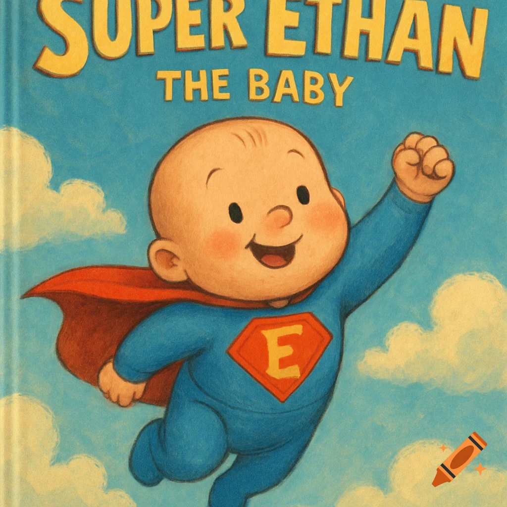 Illustration of a baby superhero flying with text SUPER ETHAN THE BABY ...