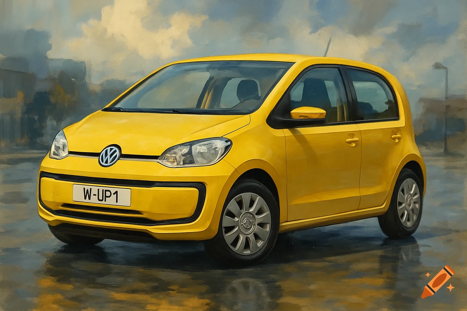 A yellow Volkswagen Up! car is parked in a painterly street scene. on ...
