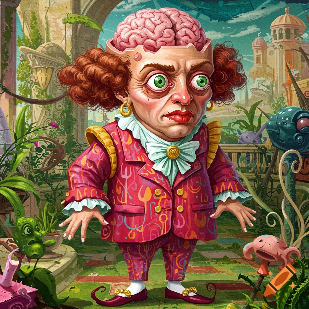 An absurd figure with an exposed brain head stands in a strange garden ...