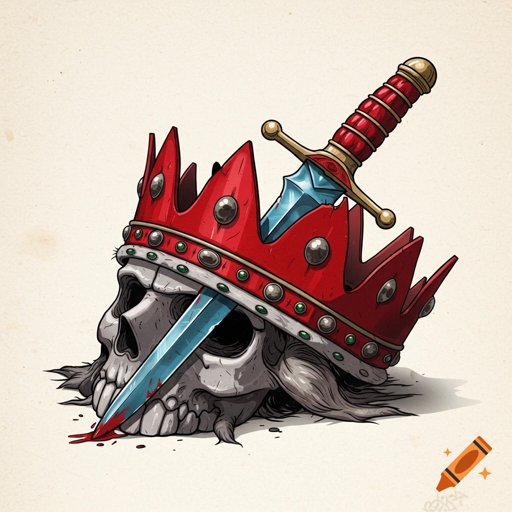 Stylized illustration of a skull wearing a red crown with a dagger ...