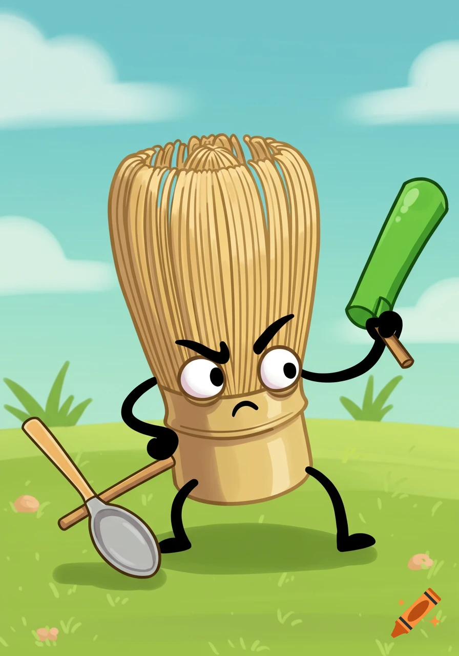 A cartoon matcha whisk character with eyes, mouth, arms, and legs holds ...