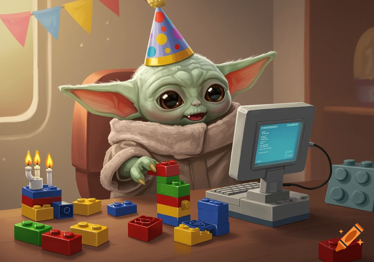 Grogu wearing a party hat plays with Lego bricks and looks at a ...