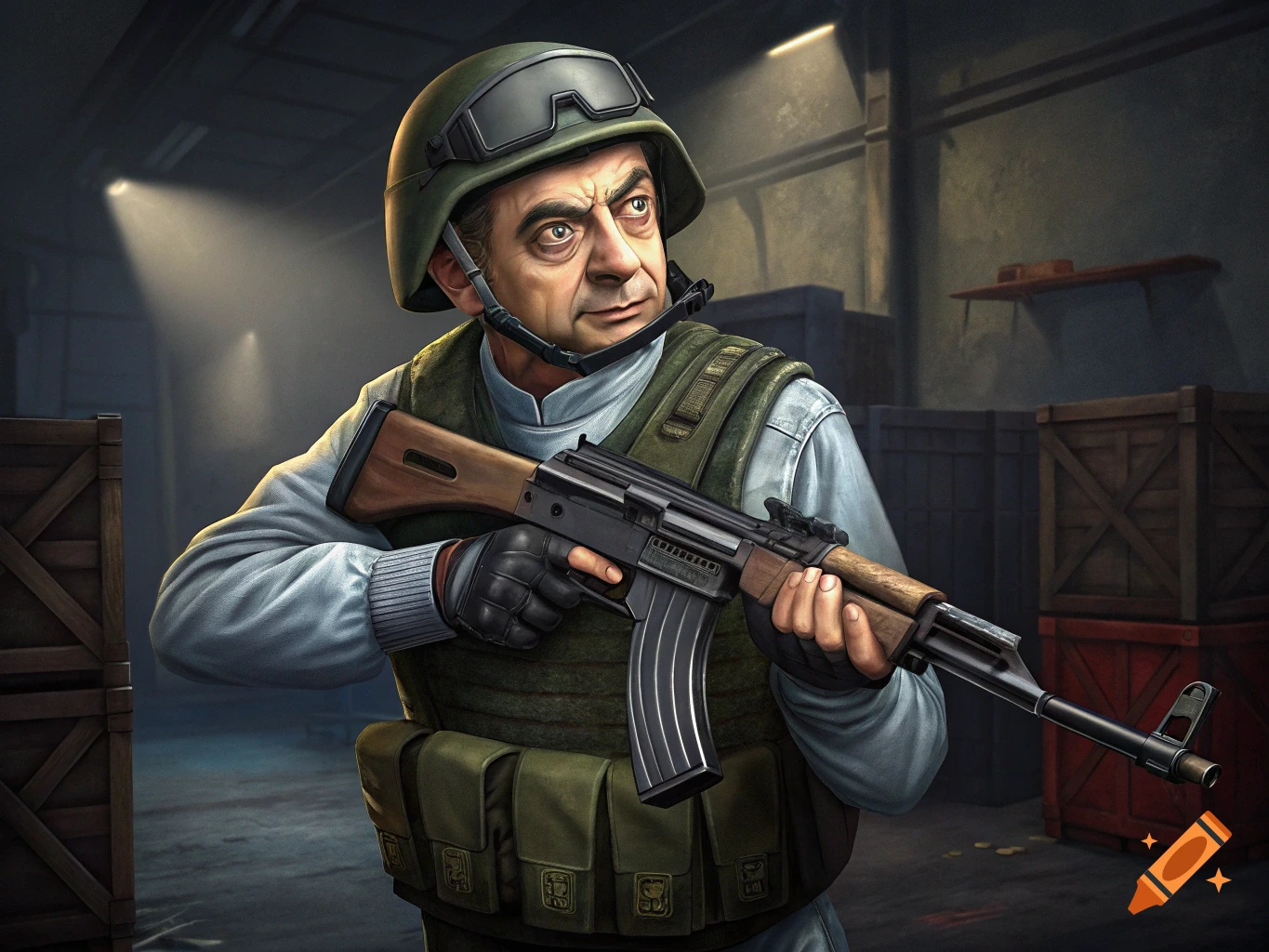 Mr. Bean dressed as a Counter-Strike agent holds an AK-47 rifle in a ...