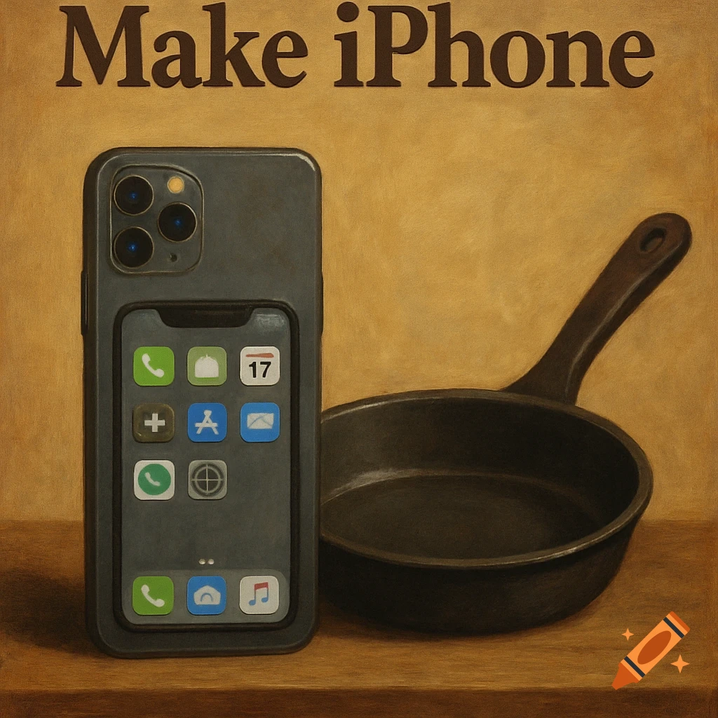 A painting of an iPhone and a frying pan on a wooden table with the ...