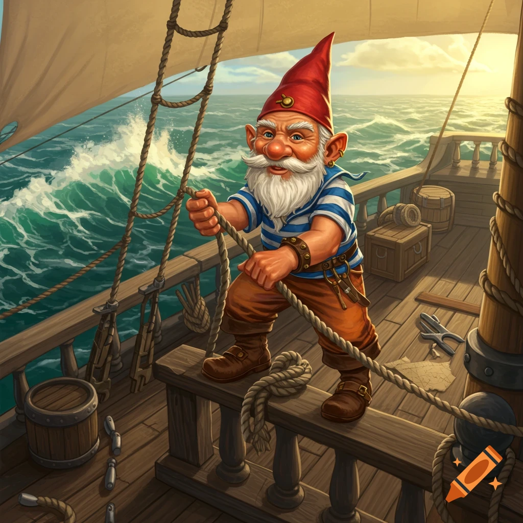 A gnome sailor works on the rigging of a ship at sea, digital illustration. on Craiyon