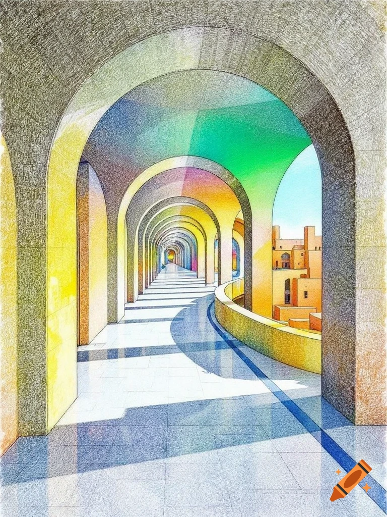 A perspective drawing of a long arched hallway with strong shadows and ...