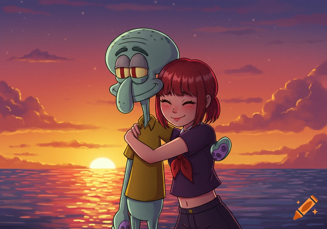Squidward and a young woman hug, watching the sunset over the ocean in ...