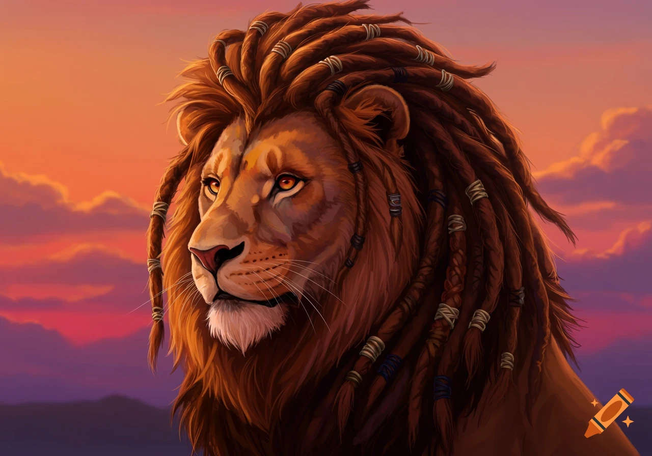 Close-up of a lion with dreadlocks looking left against a sunset sky ...