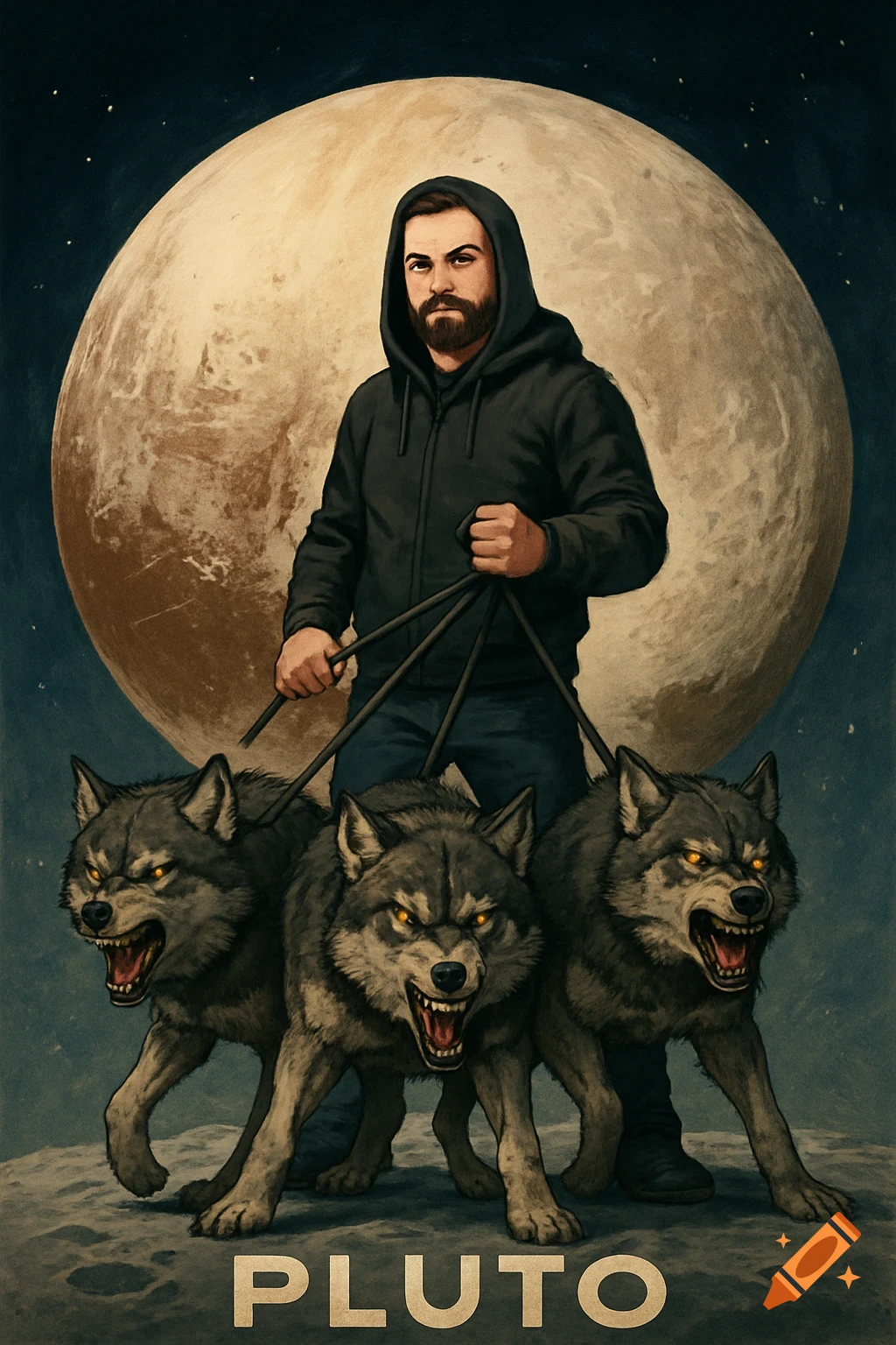 Man with three wolves on leashes in front of a large planet in space ...