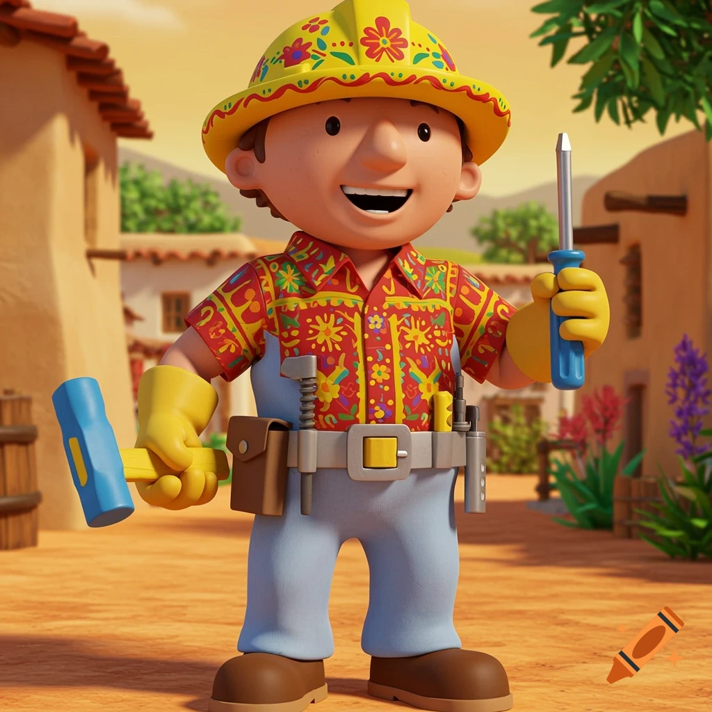 3D animated Bob the Builder character in Mexican outfit holding tools ...