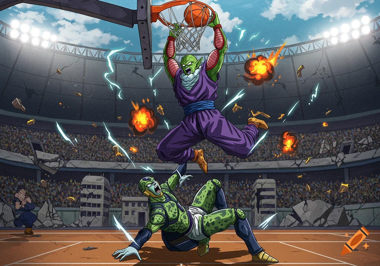Piccolo dunks over Cell in an anime style basketball game amidst ...