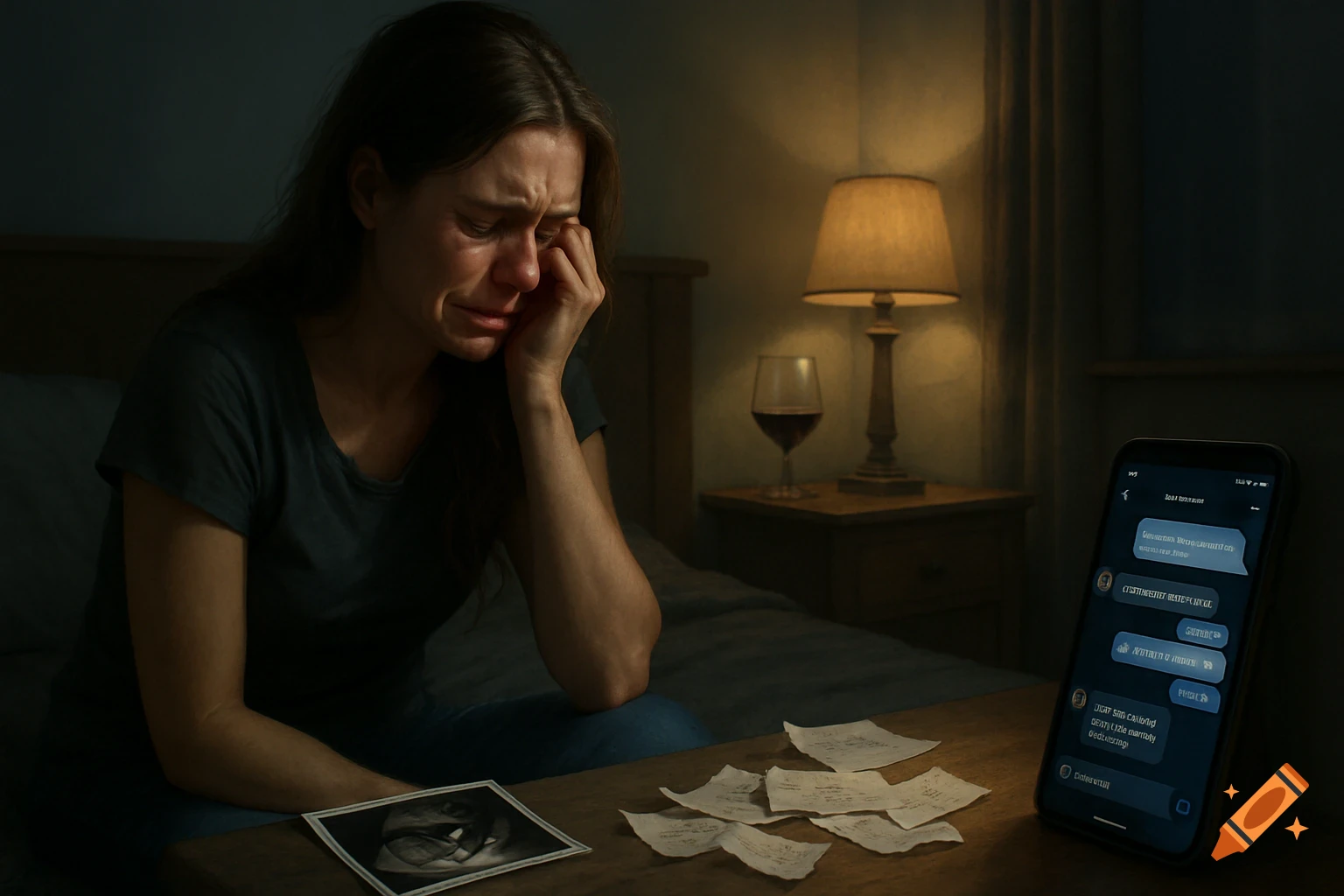 A woman sits crying in a dimly lit bedroom at night, next to an ...