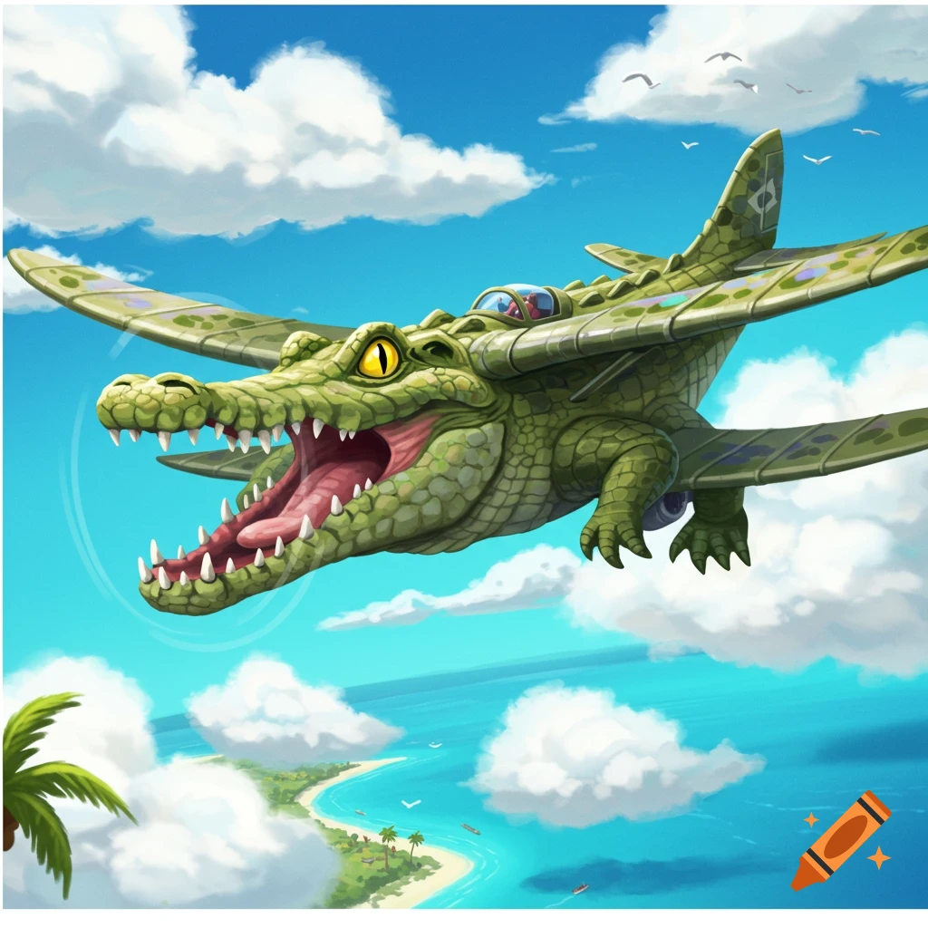 A cartoon crocodile airplane flies over a tropical island. on Craiyon