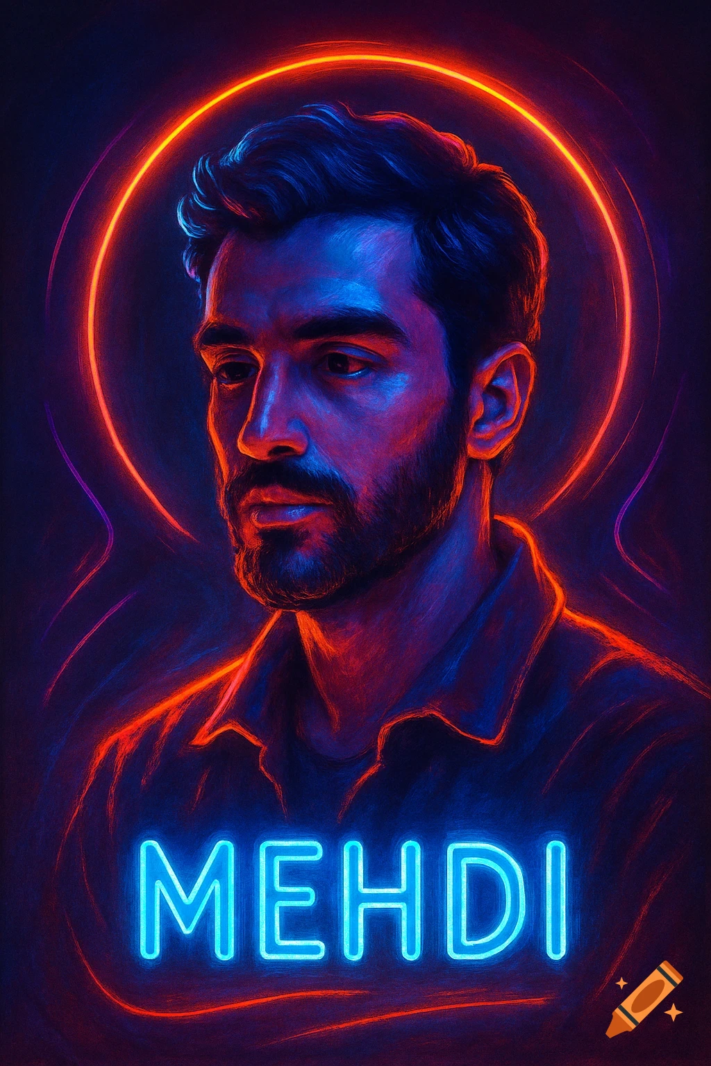 Portrait of a man illuminated by red and blue neon lights with the name ...