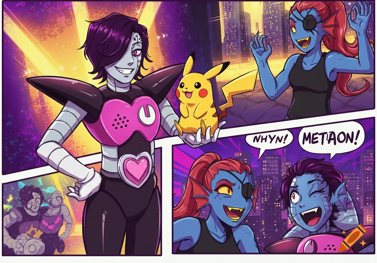 Comic panel of Mettaton holding Pikachu while Undyne reacts excitedly ...