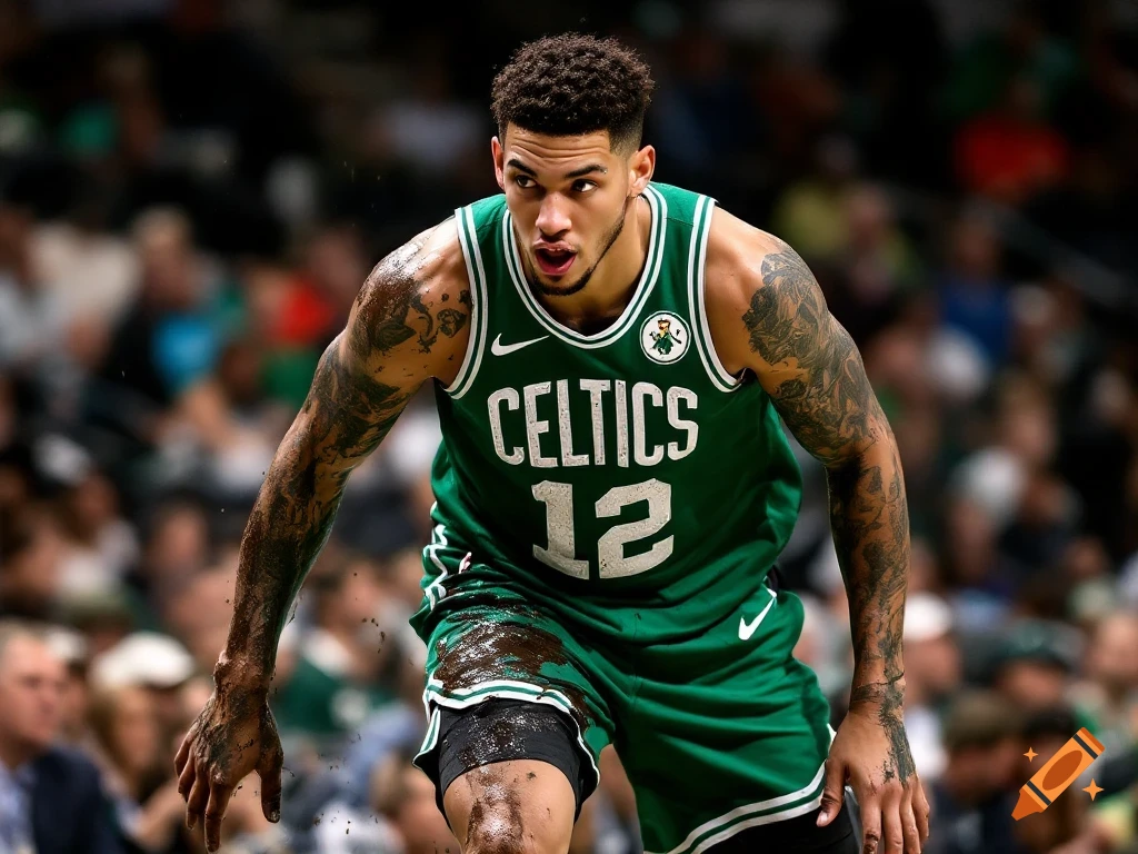 Boston Celtics basketball player covered in mud during a game. on Craiyon