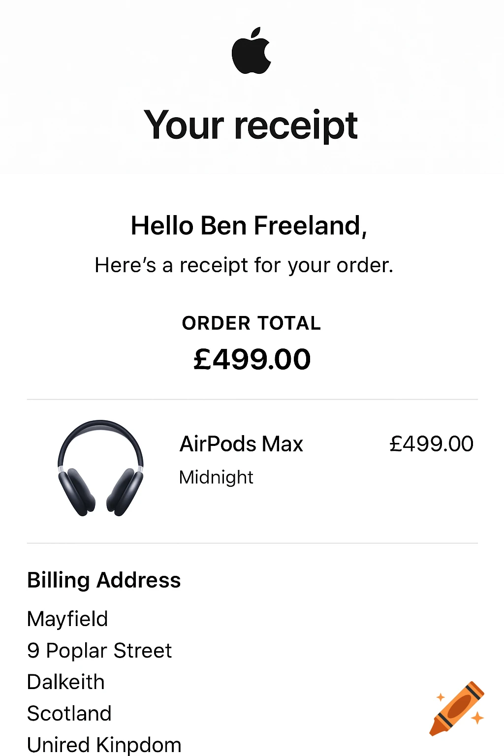A screenshot of a digital Apple receipt for AirPods Max headphones ...