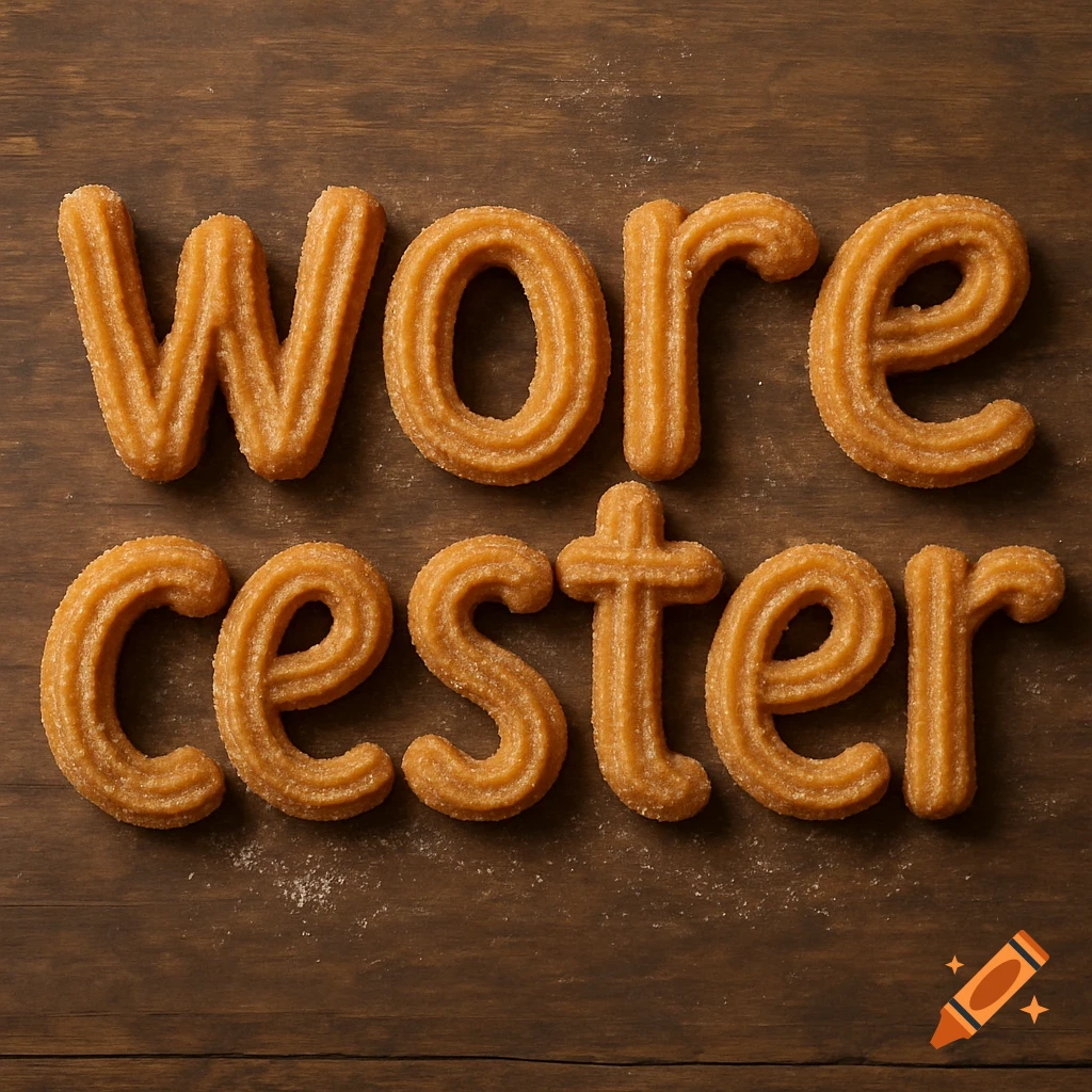 Churros arranged on a wooden table spelling the word "WORCESTER". on ...