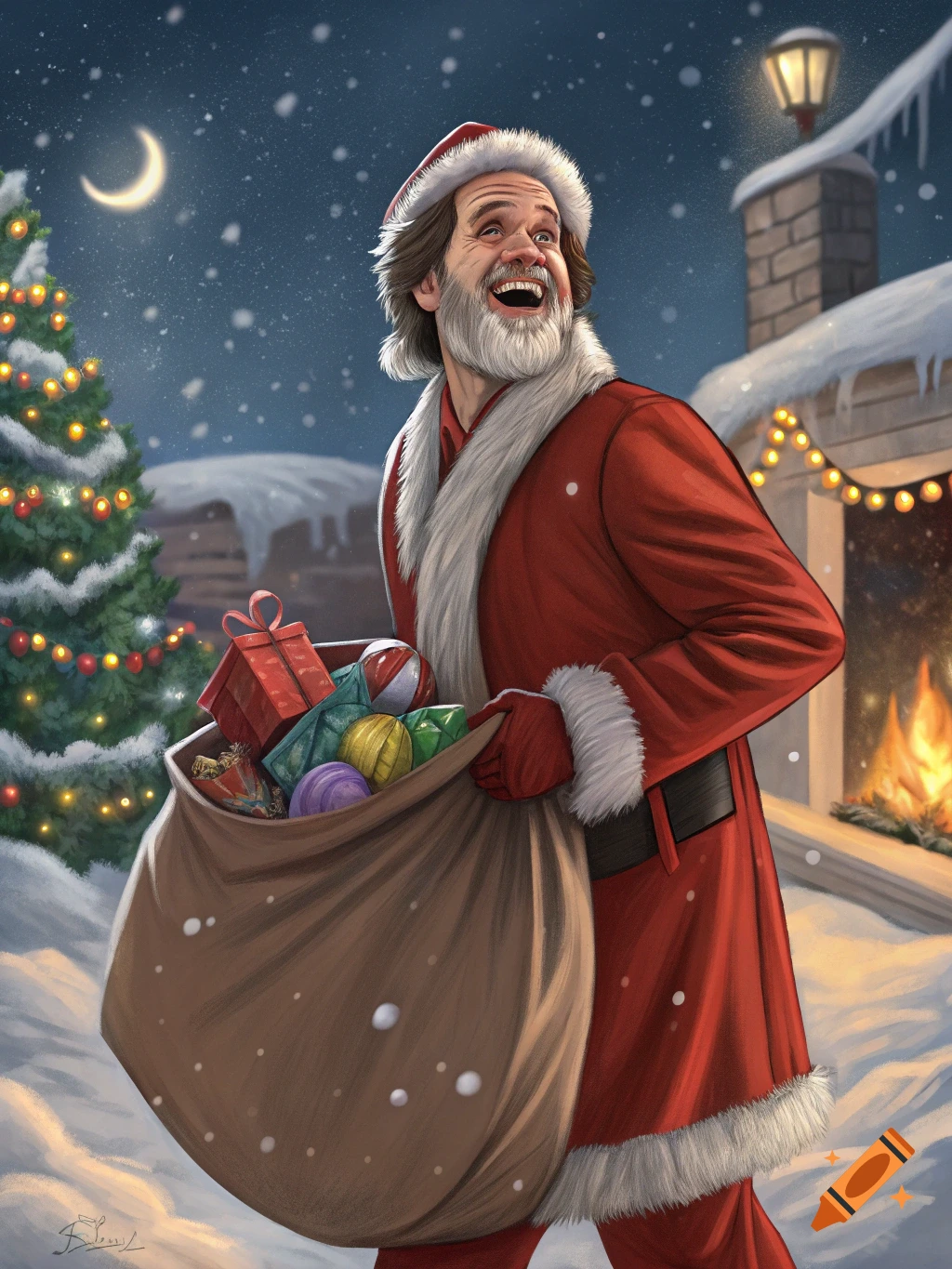 Digital illustration of Jim Carrey dressed as Santa Claus carrying a ...