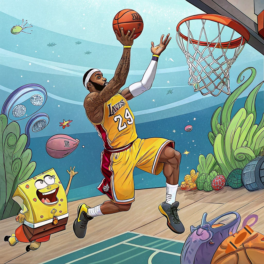 Cartoon illustration of LeBron James dunking a basketball with ...