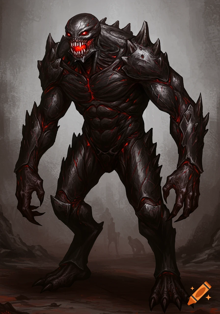 A tall, dark armored monster with glowing red eyes and mouth stands ...