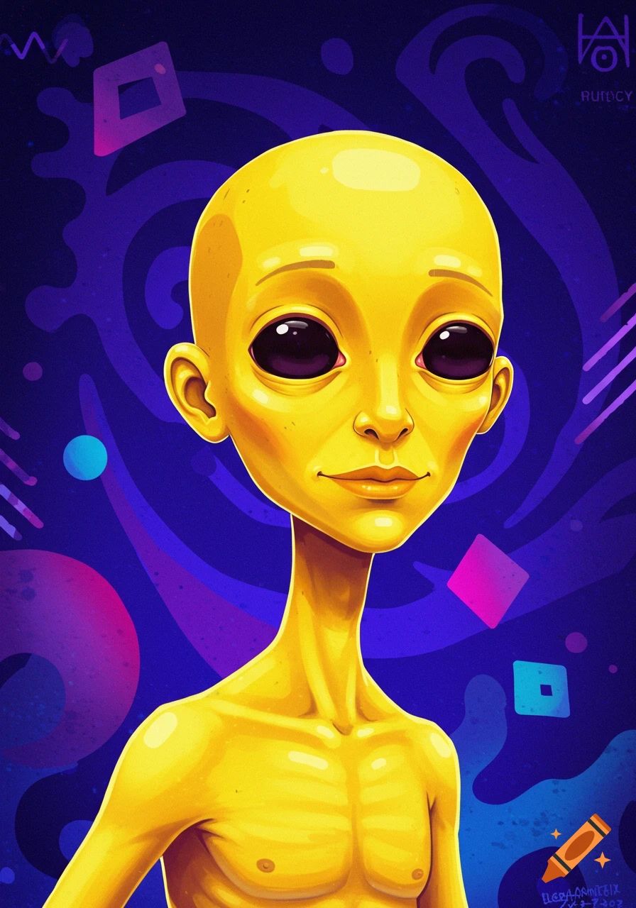 A stylized illustration of a yellow alien with large eyes against a ...