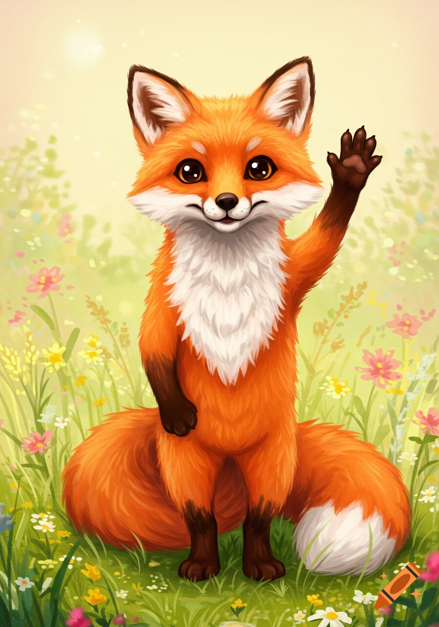 A cute cartoon fox waves in a sunny field of flowers. on Craiyon