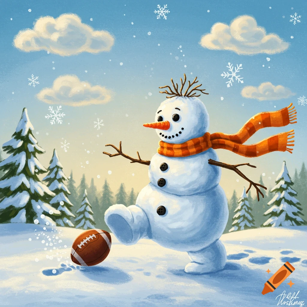 An illustration of a snowman in a scarf kicking a football in a snowy ...
