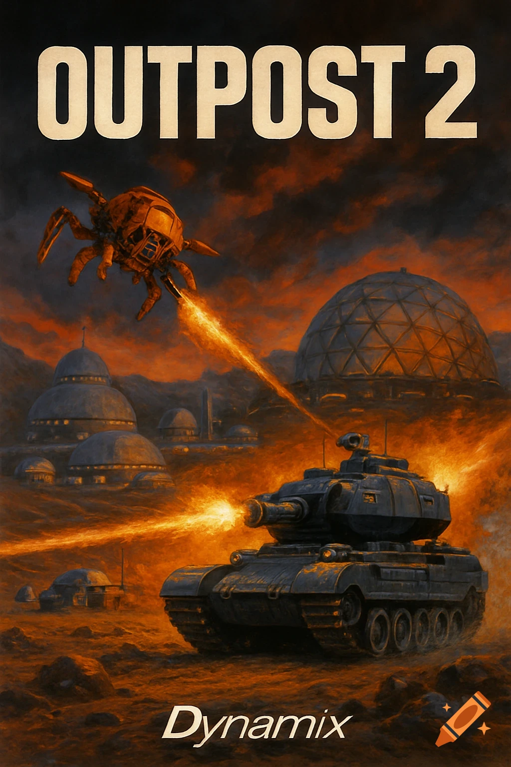 Sci-fi box art with tank, mechanical spider, and futuristic base ...