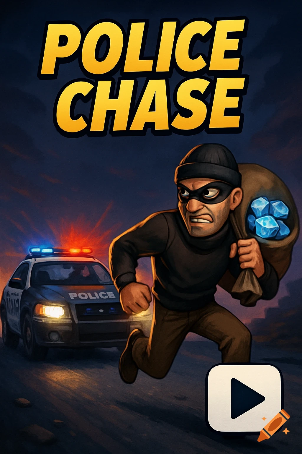 A cartoon-style image of a robber running from a police car at night ...