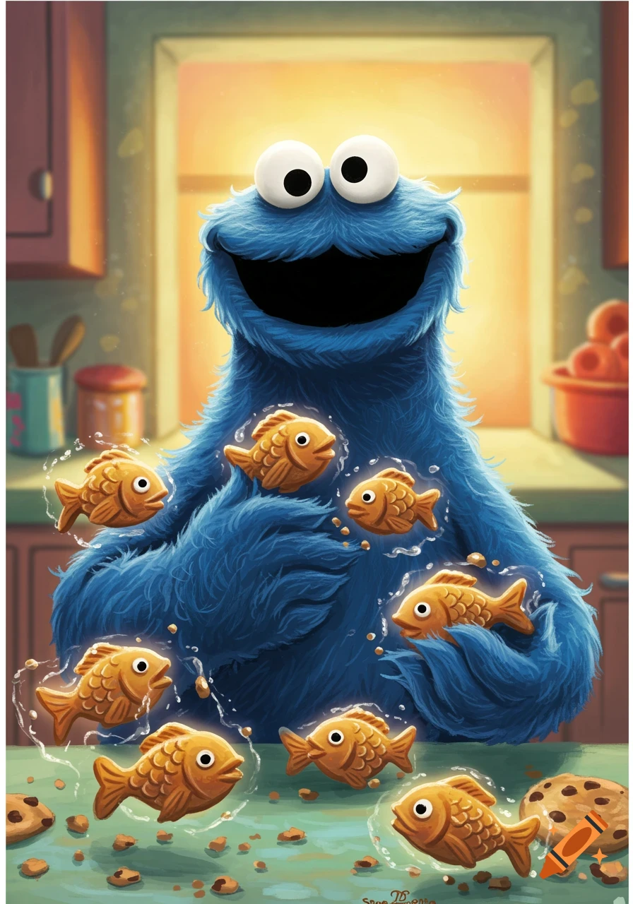 Cartoon illustration of Cookie Monster holding fish-shaped cookies in a ...